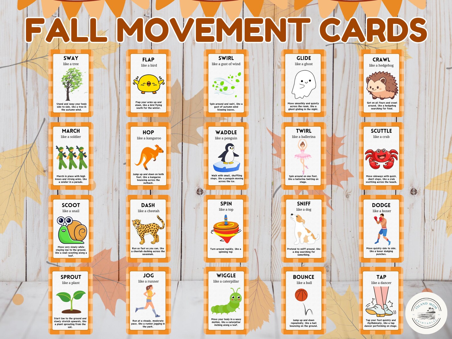 Fall Movement Cards: 40 Fun Action Activities (printable) - Etsy