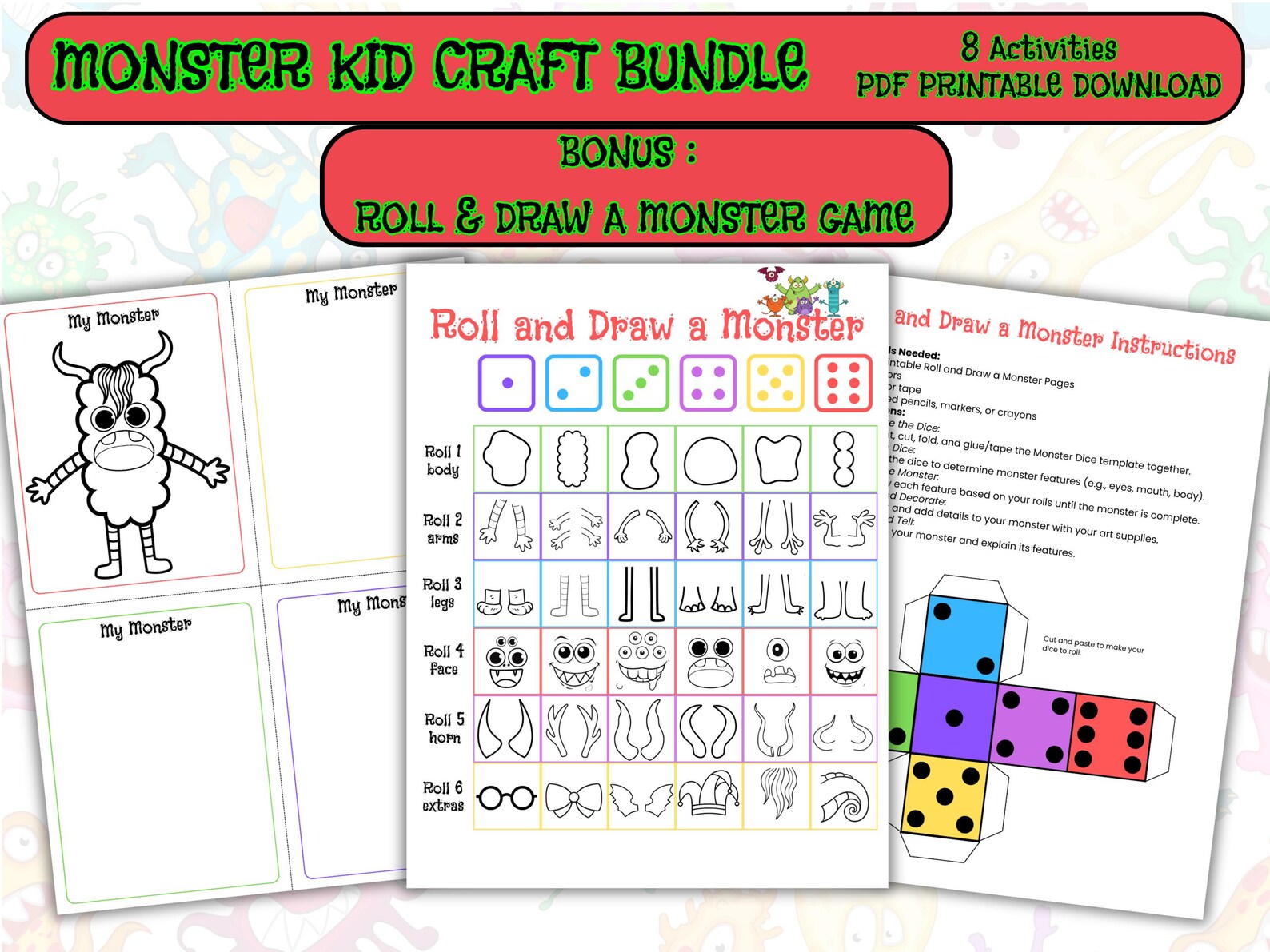 Monster Kid Craft Printable Bundle, Bonus Roll and Draw a Monster Game ...