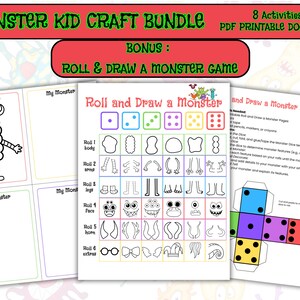 Monster Kid Craft Printable Bundle, Bonus Roll and Draw a Monster Game ...
