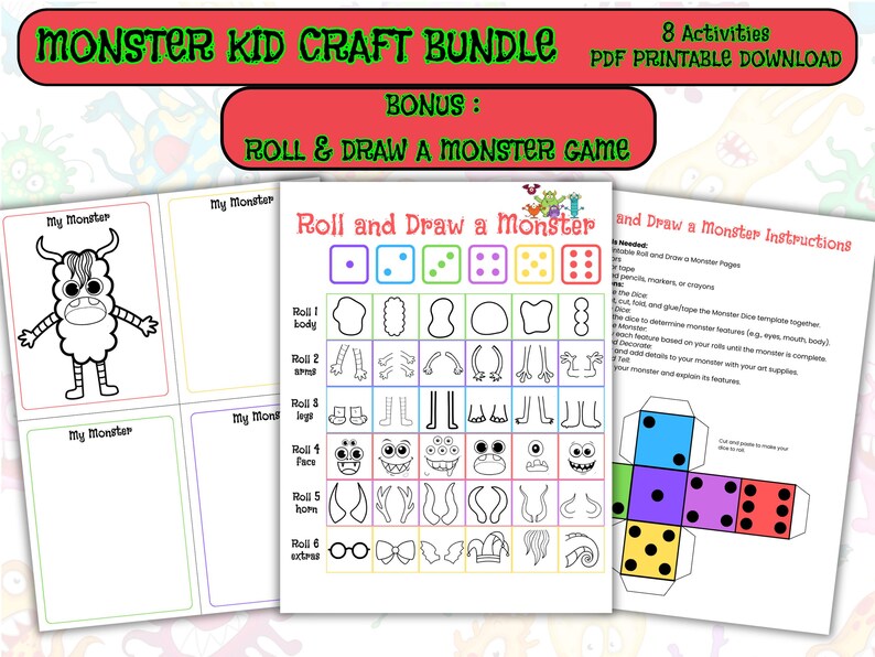 Monster Kid Craft Printable Bundle, Bonus Roll and Draw a Monster Game ...