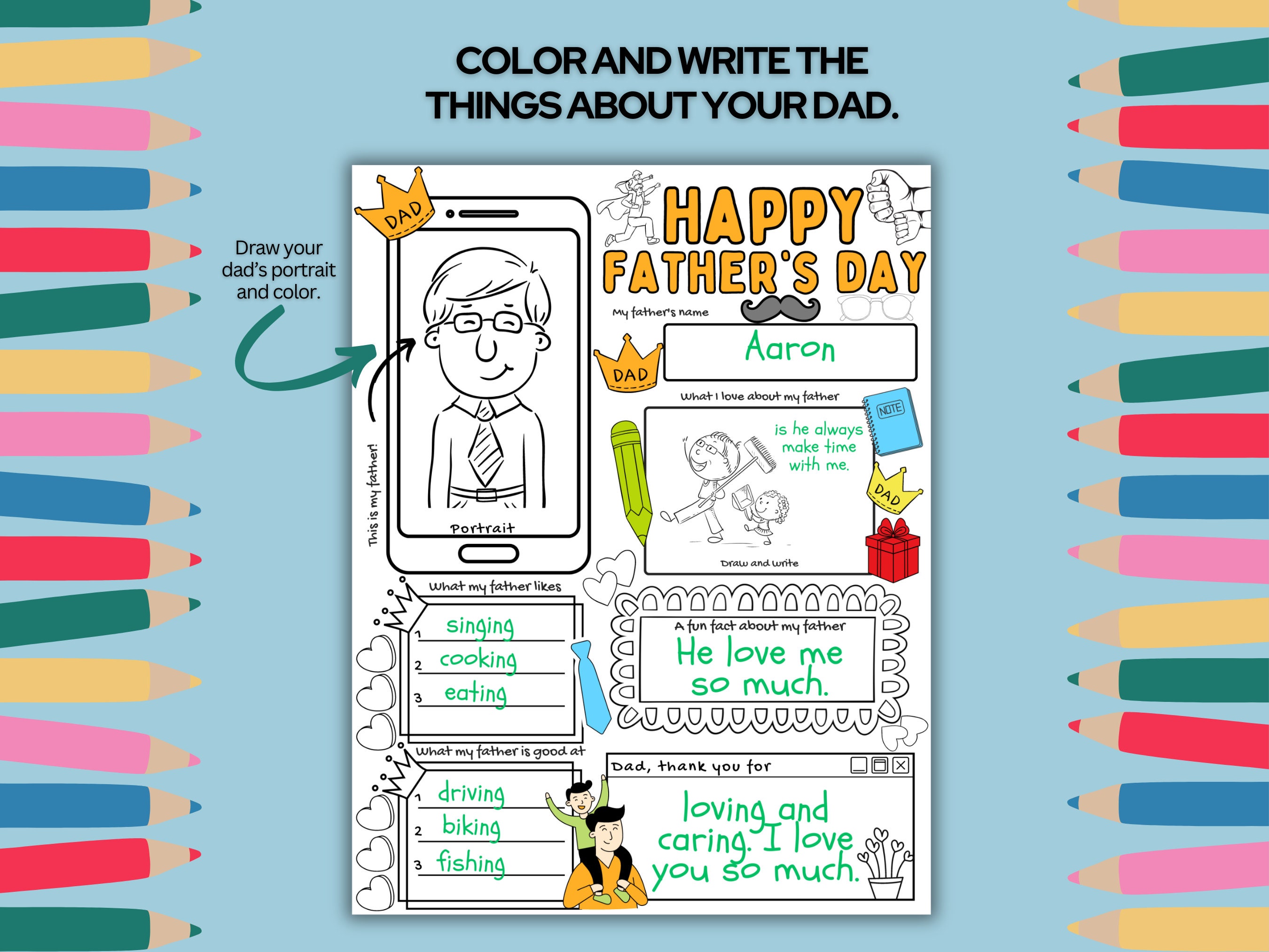 Father's Day Printable Kids DIY Coloring About Dad Pages, Father's Day ...