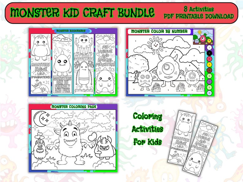 Monster Kid Craft Printable Bundle, Bonus Roll and Draw a Monster Game ...