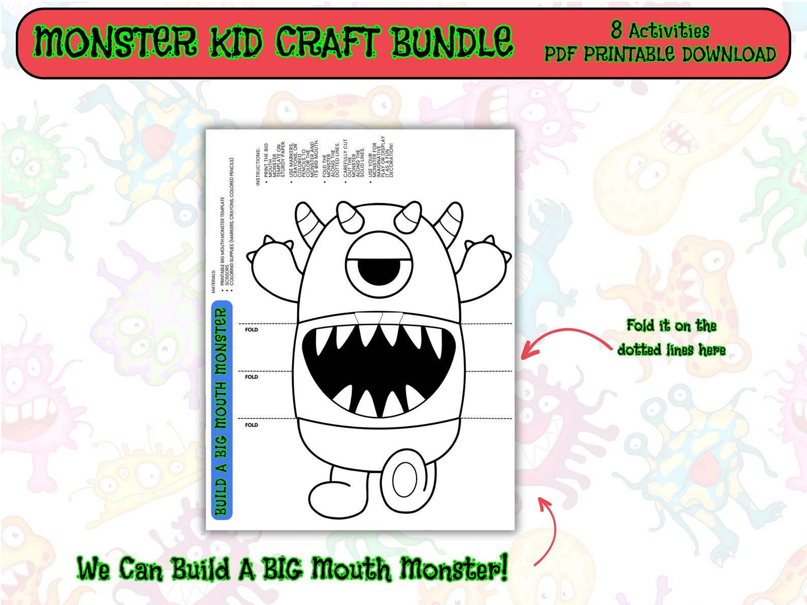 Monster Kid Craft Printable Bundle, Bonus Roll and Draw a Monster Game ...
