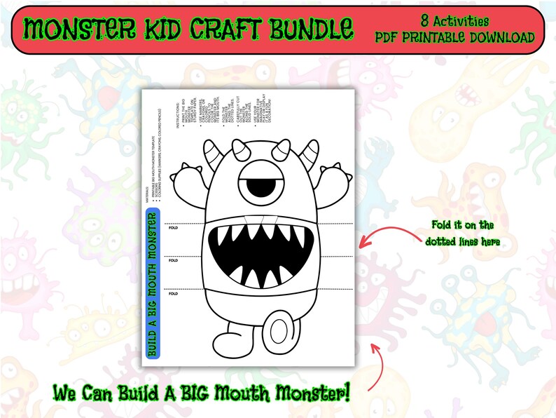 Monster Kid Craft Printable Bundle, Bonus Roll and Draw a Monster Game ...