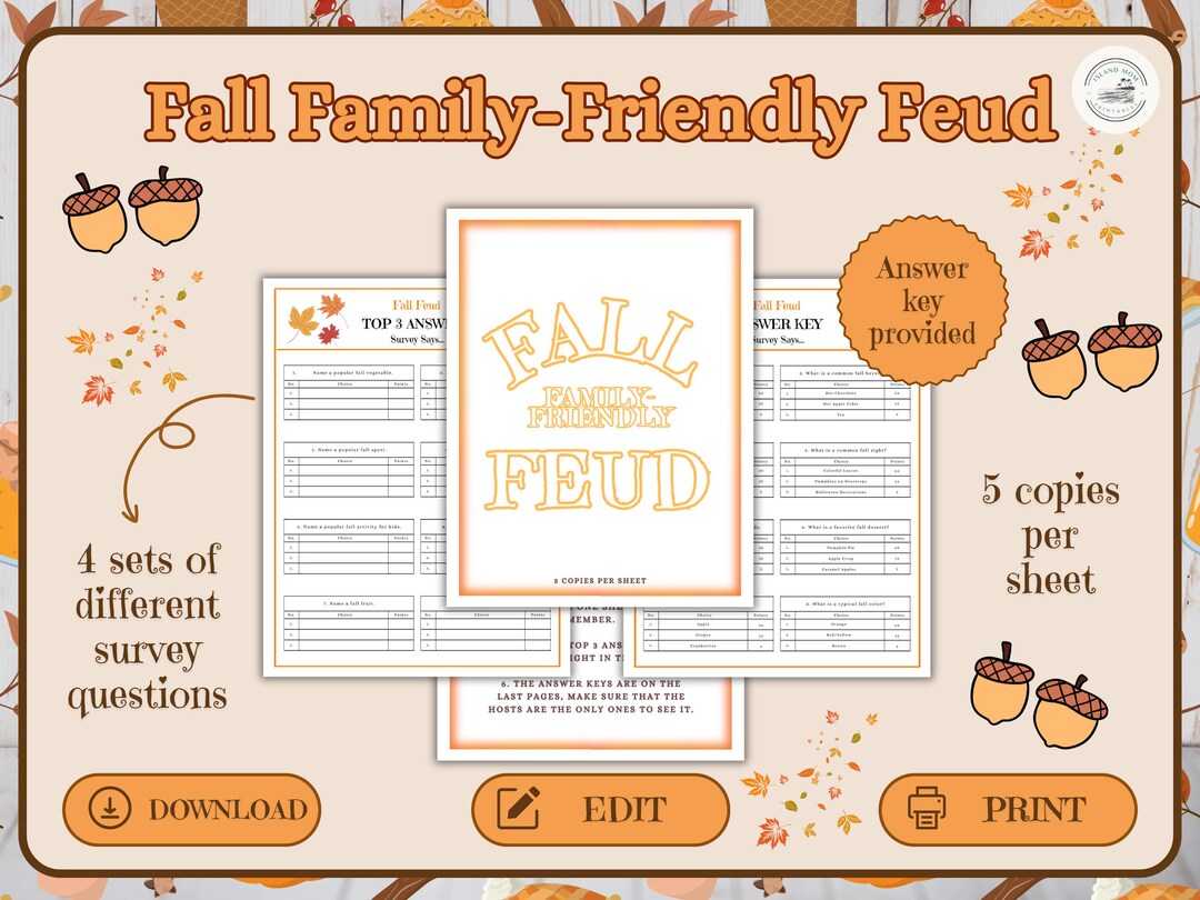 Fall Family Friendly Feud Printable Game, Fall Games for Families and ...