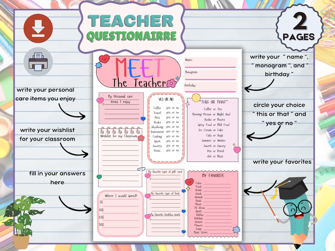 Teacher Survey Printable: All About My Teacher Questionnaire (PDF) - Etsy