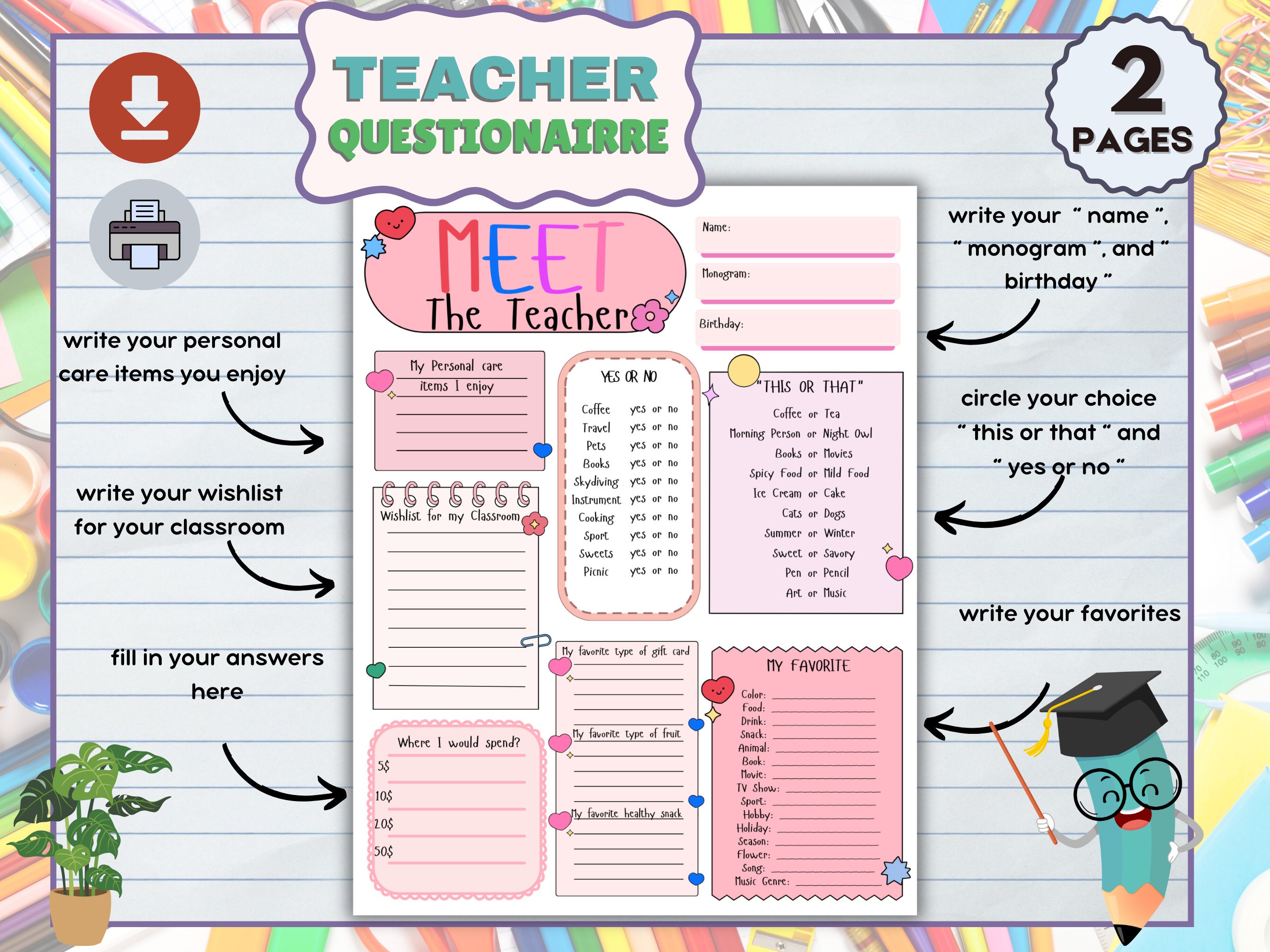 All About My Teacher, Teacher Survey Printable, Meet the Teacher, Back ...