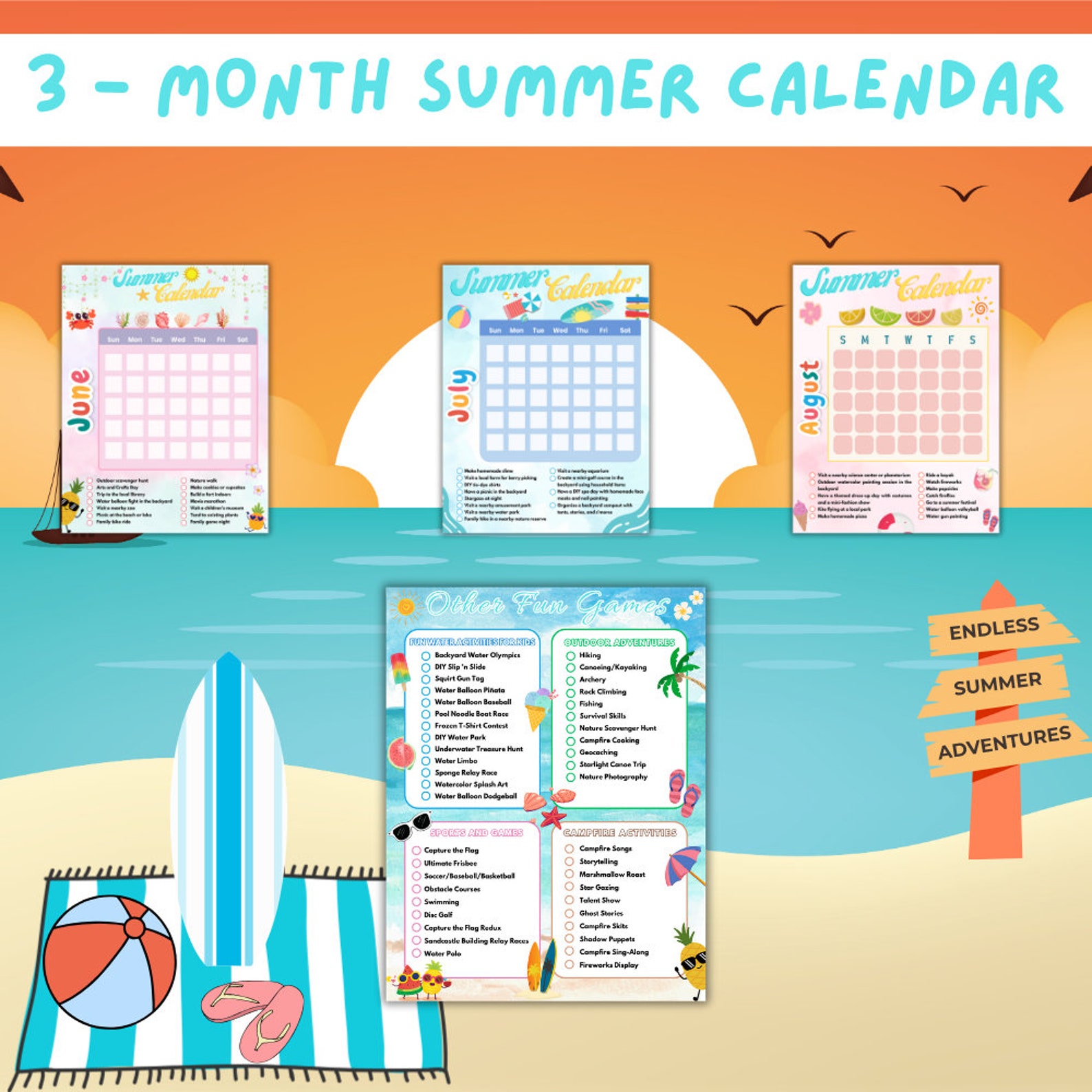Summer Kids Games and Calendar, INSTANT DOWLOAD, Printable, Summer Fun ...