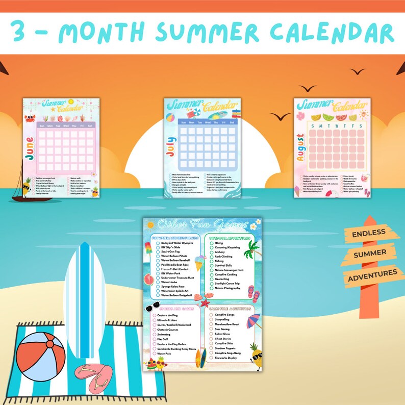Summer Kids Games and Calendar, INSTANT DOWLOAD, Printable, Summer Fun ...