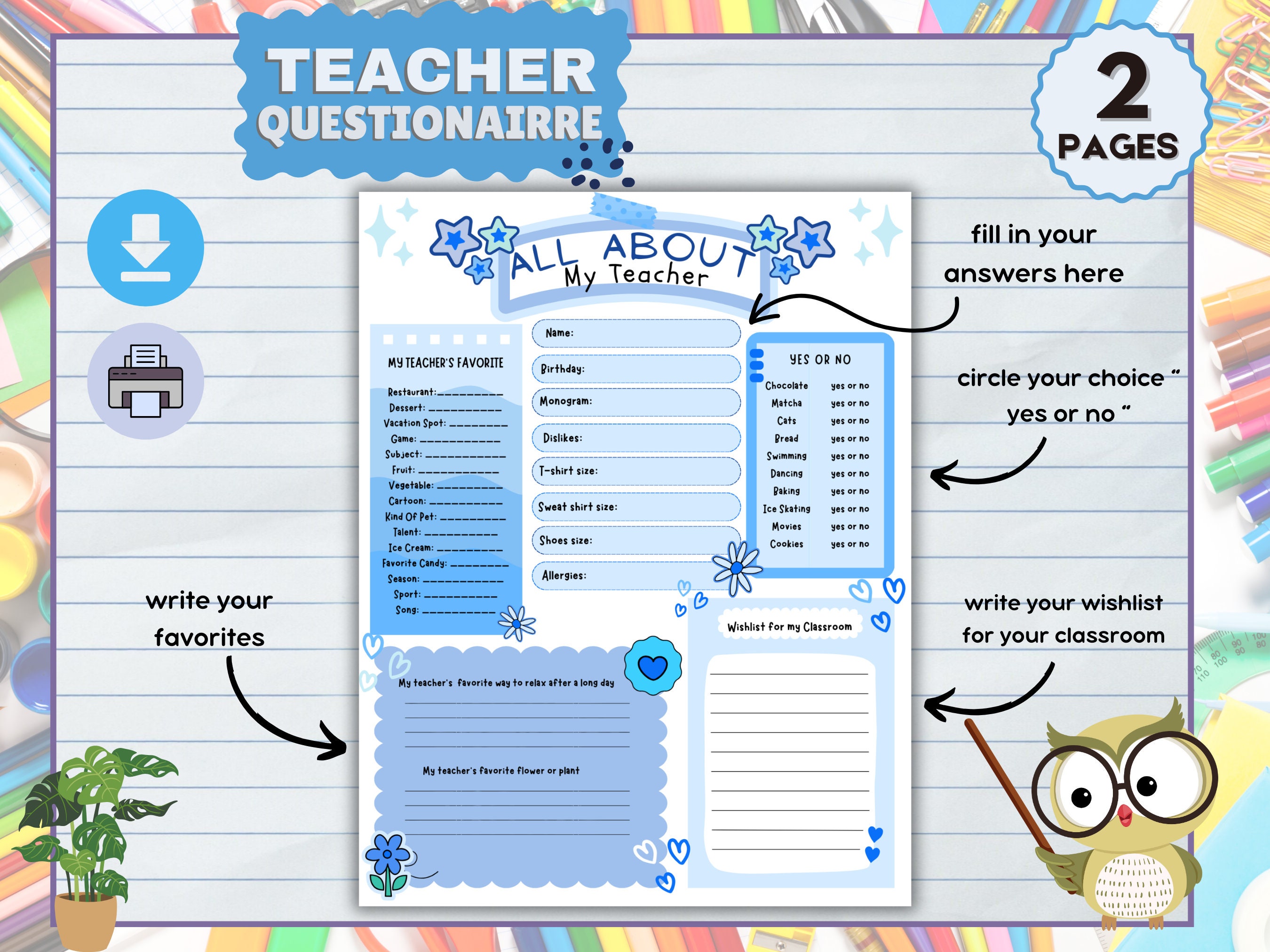 All About My Teacher, Teacher Survey Printable, Meet the Teacher, Back ...