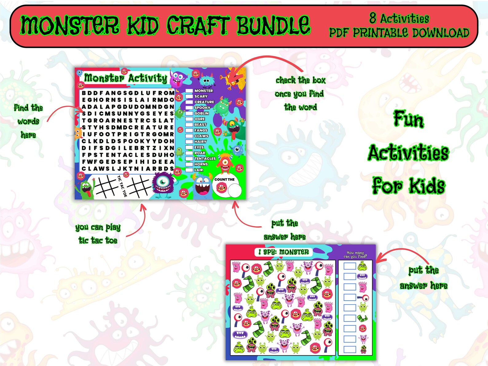 Monster Kid Craft Printable Bundle, Bonus Roll and Draw a Monster Game ...