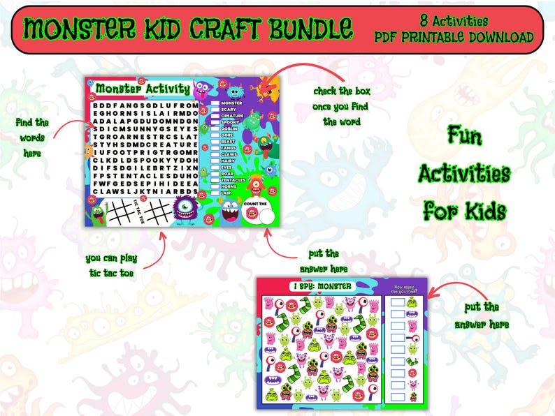 Monster Kid Craft Printable Bundle, Bonus Roll and Draw a Monster Game ...