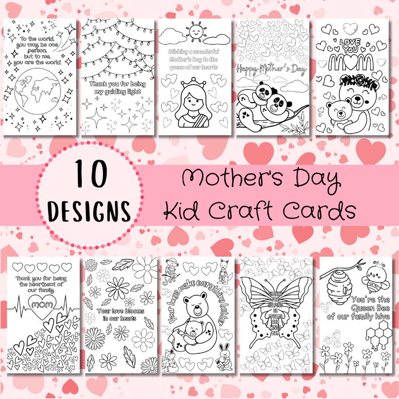 Mothers Day Printable Card Bundle, Kids DIY Coloring Card, Mothers Day ...