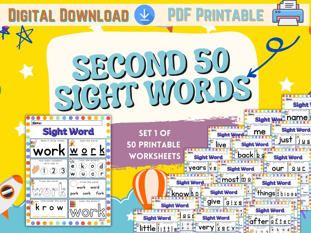 Second 50 Sight Word Printable Worksheets, First and Second Grade Sight ...