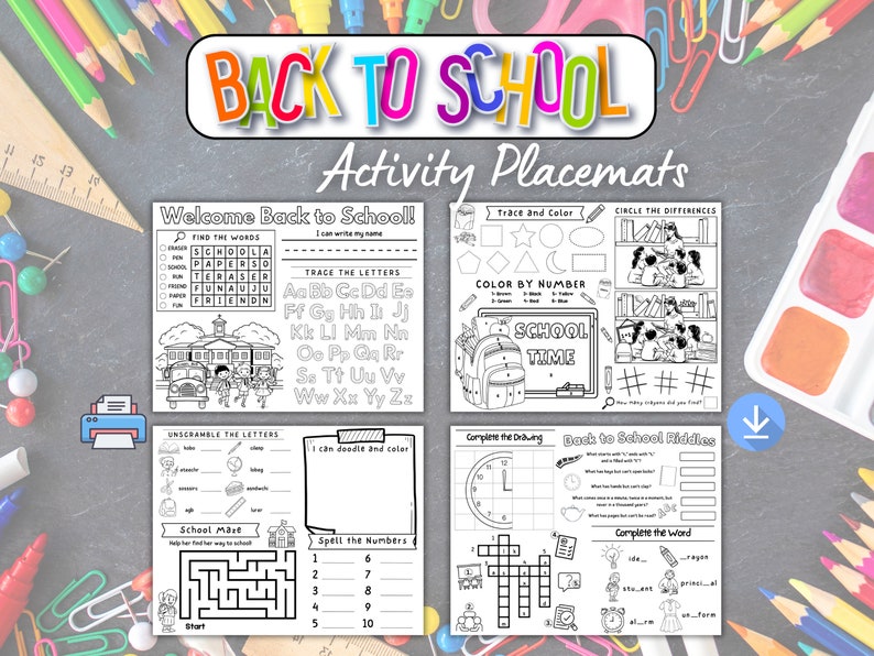 Back to School Activity Placemats: Coloring Pages, Maze (PDF) - Etsy