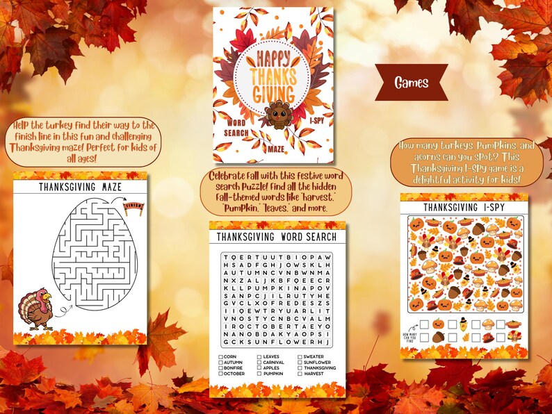 Printable Thanksgiving Activity Bundle for Kids, Coloring Pages, Word ...