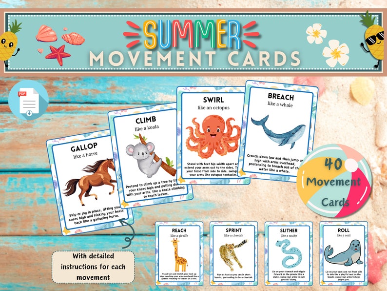 Summer Kids Movement Cards, Animal Movement Cards, Summer Learning ...