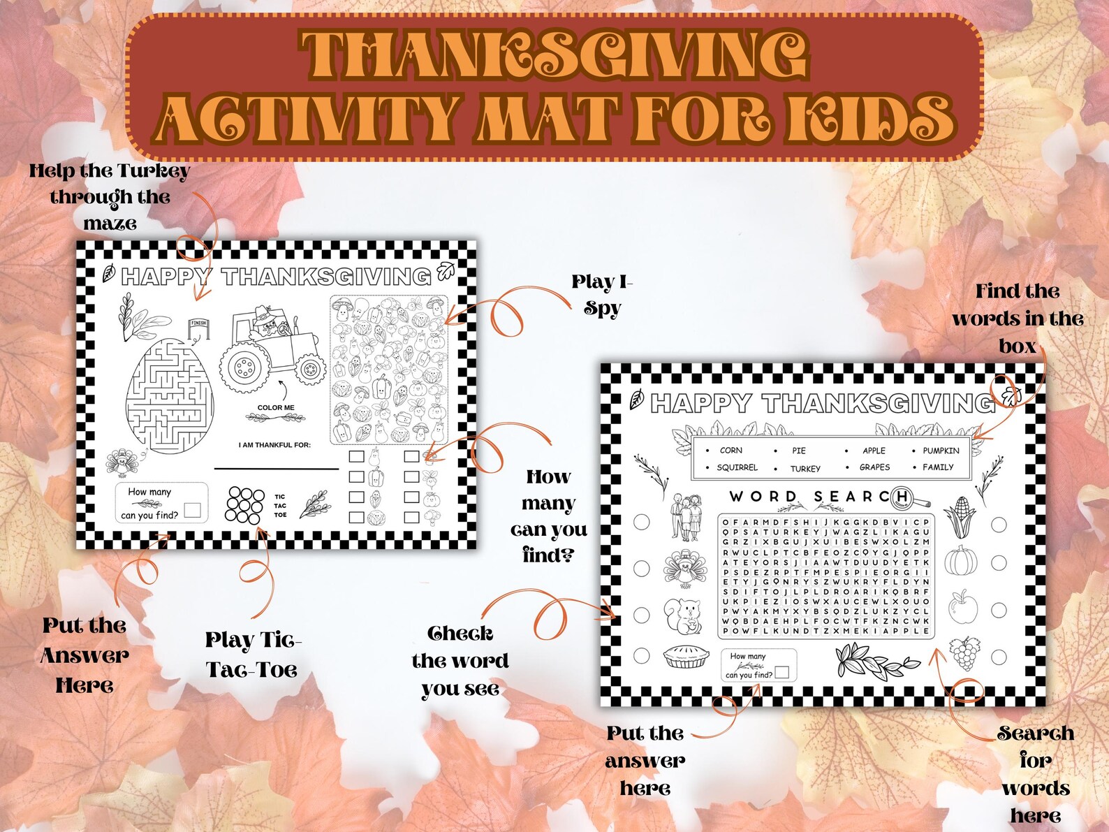 Printable Thanksgiving Activity Placemat for Kids, Coloring Page, Word ...