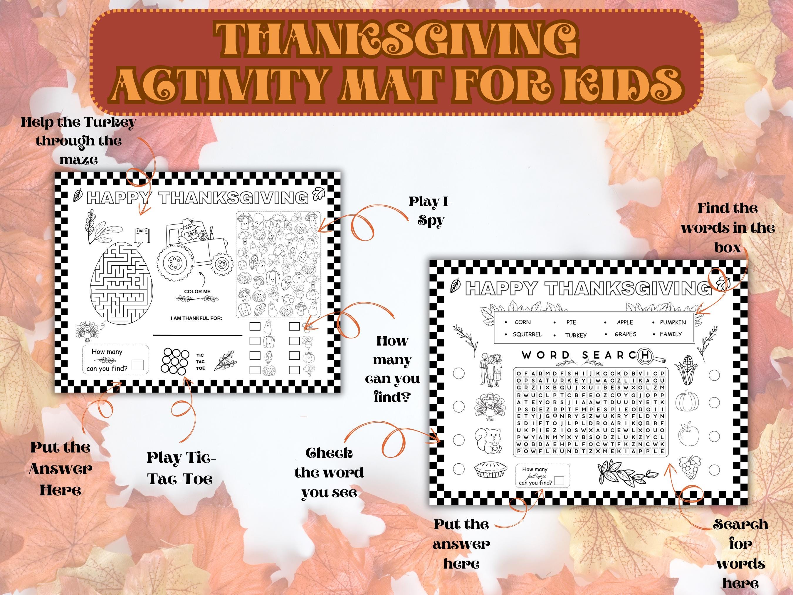 Printable Thanksgiving Activity Placemat for Kids, Coloring Page, Word ...