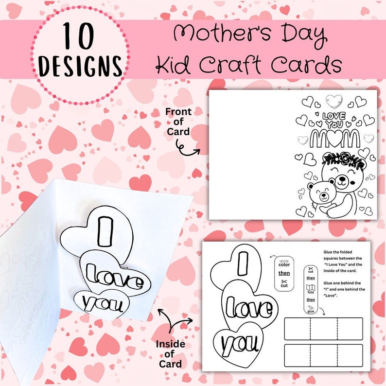 Mothers Day Printable Card Bundle, Kids DIY Coloring Card, Mothers Day ...