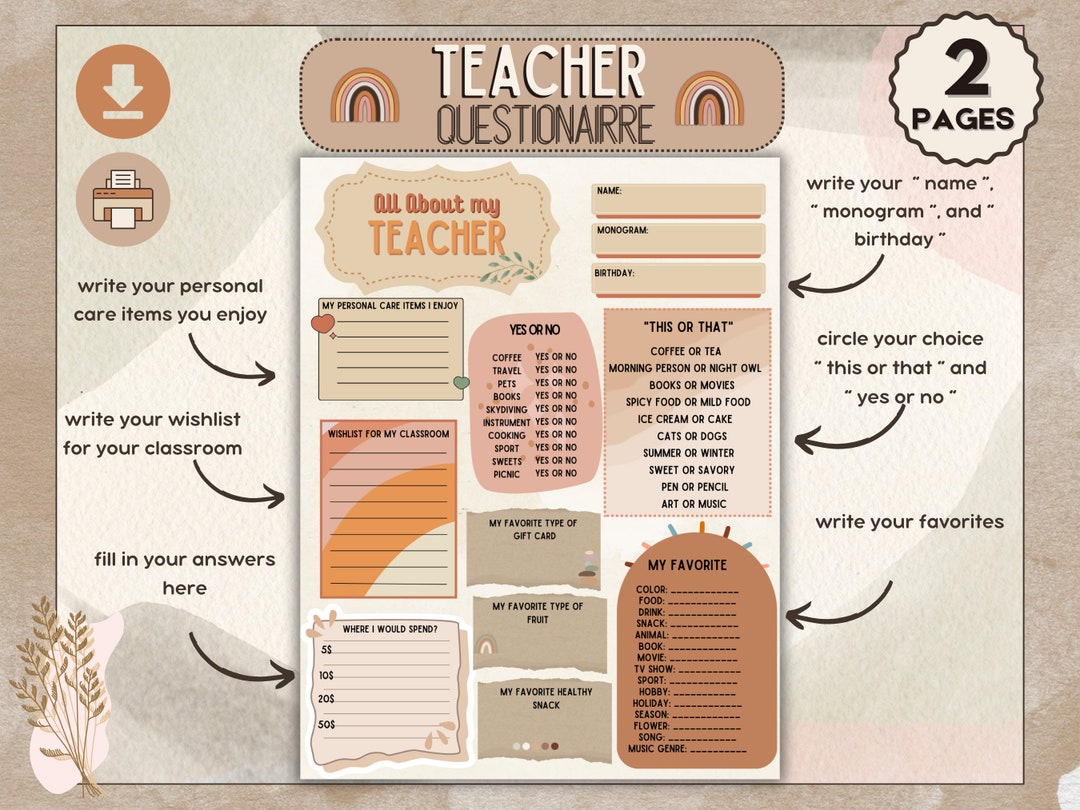 Boho Teacher Questionnaire Printable: Teacher Favorites Survey (PDF) - Etsy