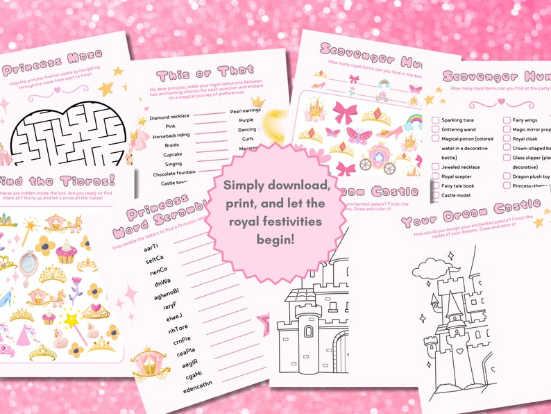 Princess Birthday Party Games, Party Favors, Pink, Printable, Instant ...