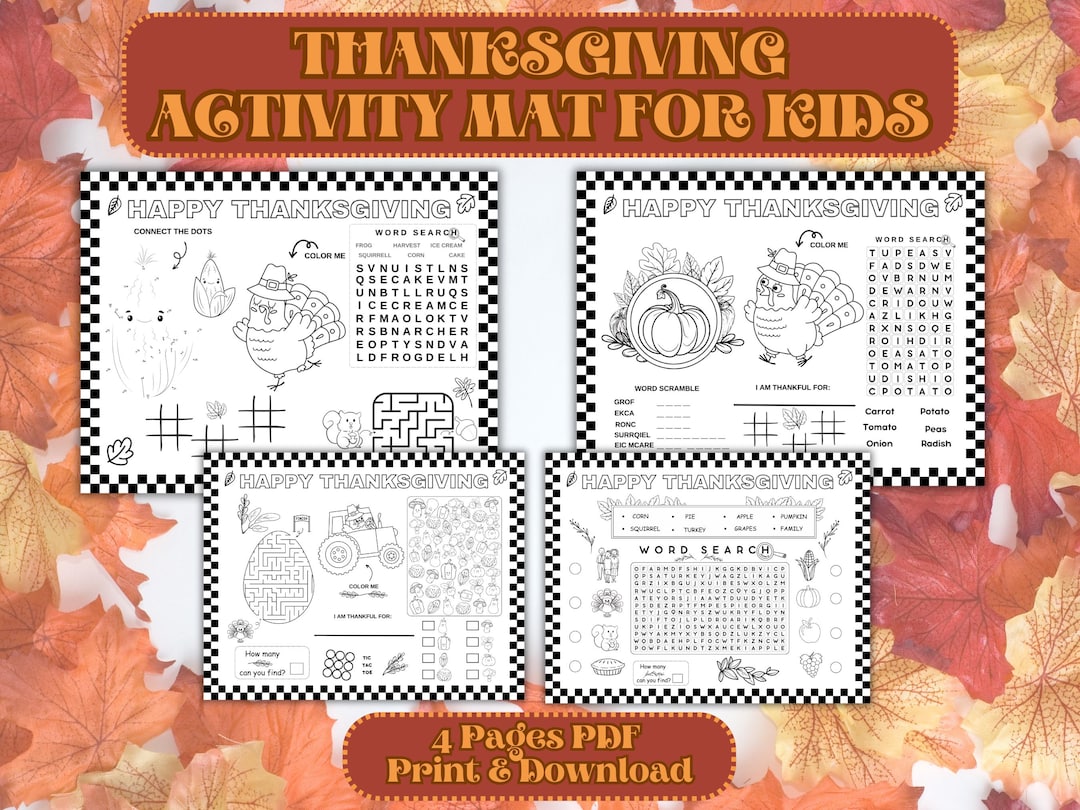 Printable Thanksgiving Activity Placemat for Kids, Coloring Page, Word ...