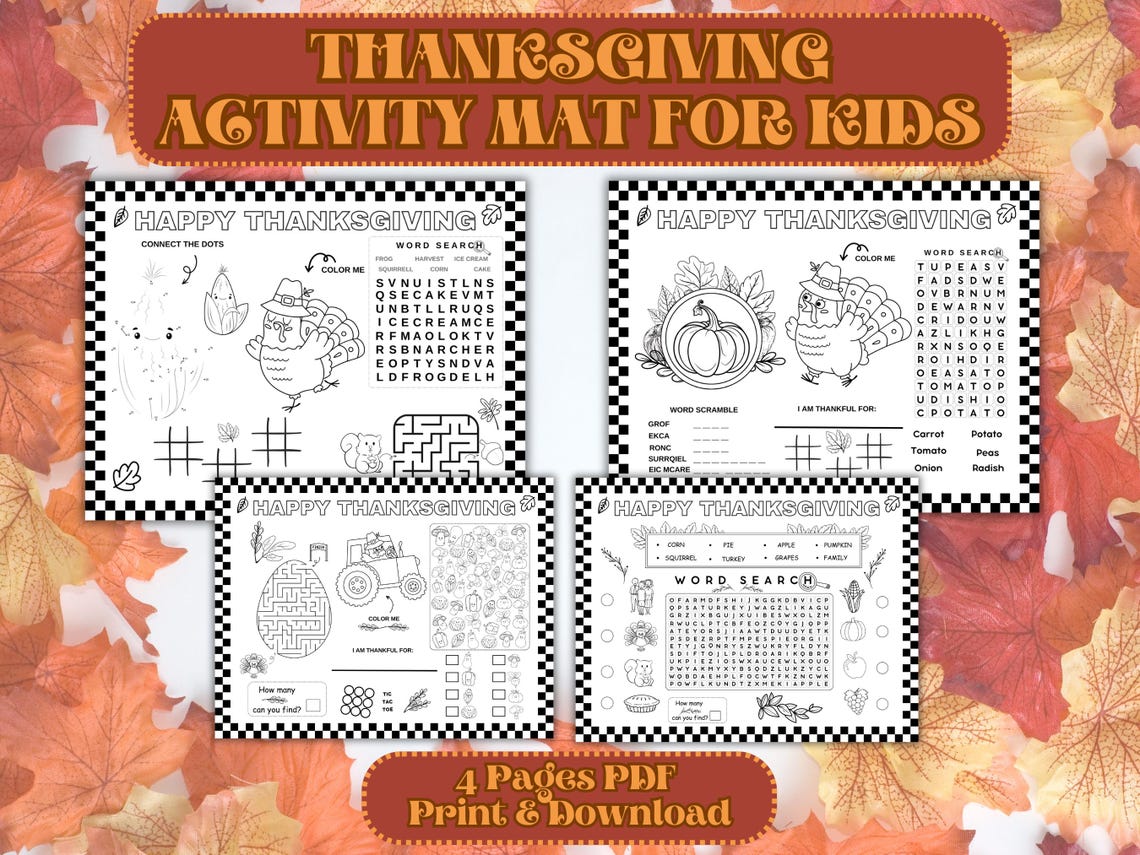 Printable Thanksgiving Activity Placemat for Kids, Coloring Page, Word ...