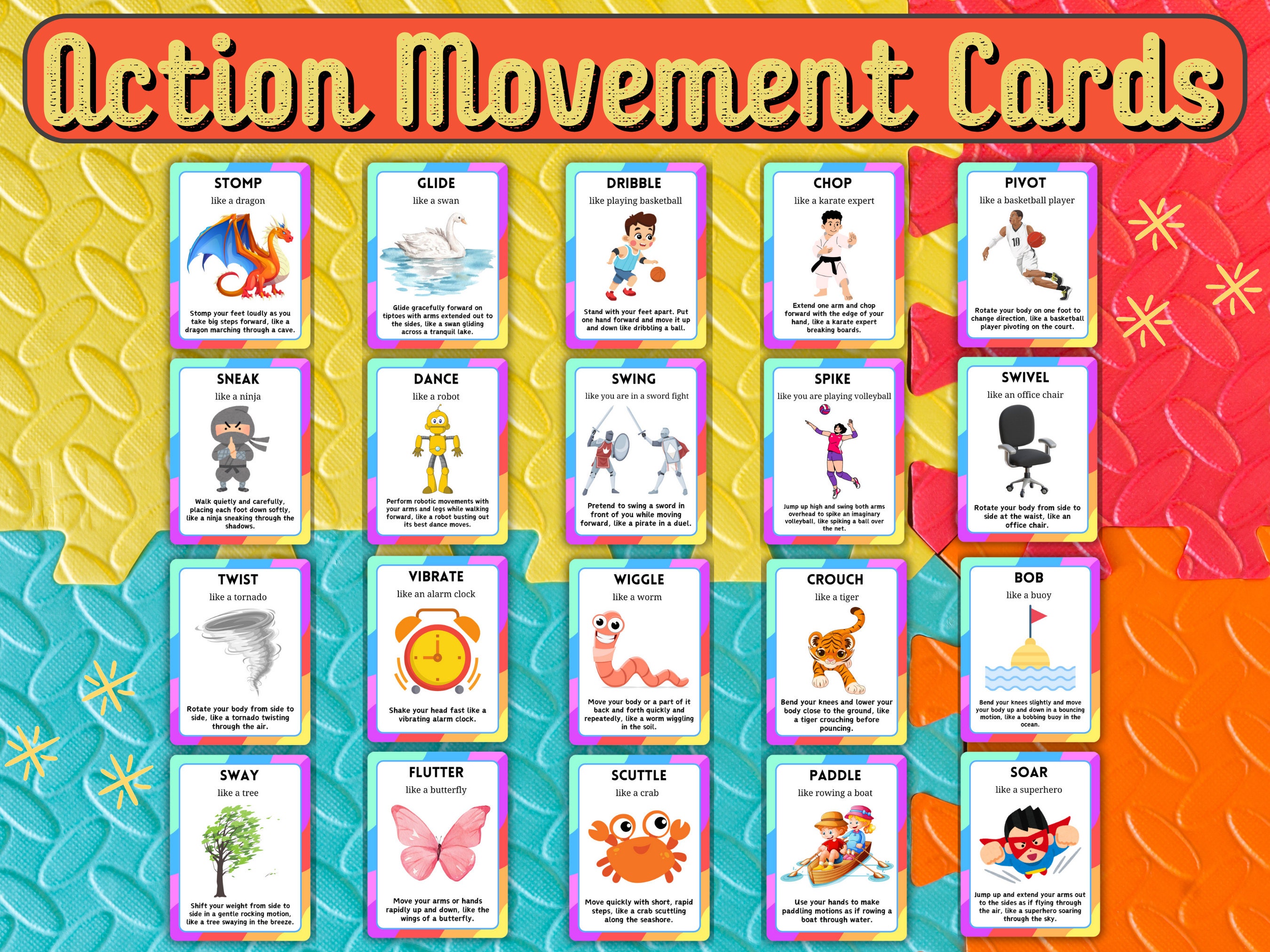Action Movement Cards, Printable Action Card, Movement Activity ...