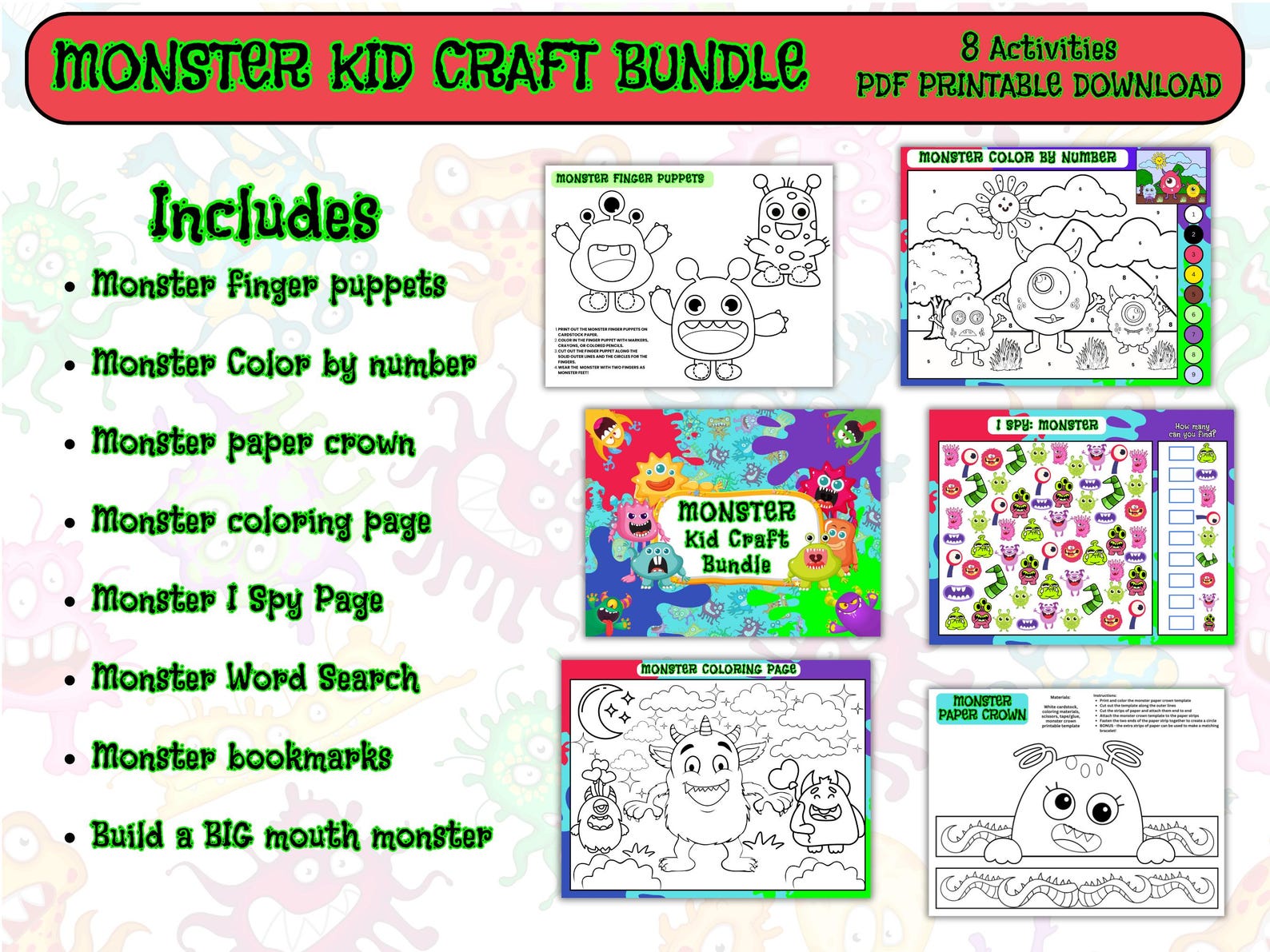 Monster Kid Craft Printable Bundle, Bonus Roll and Draw a Monster Game ...