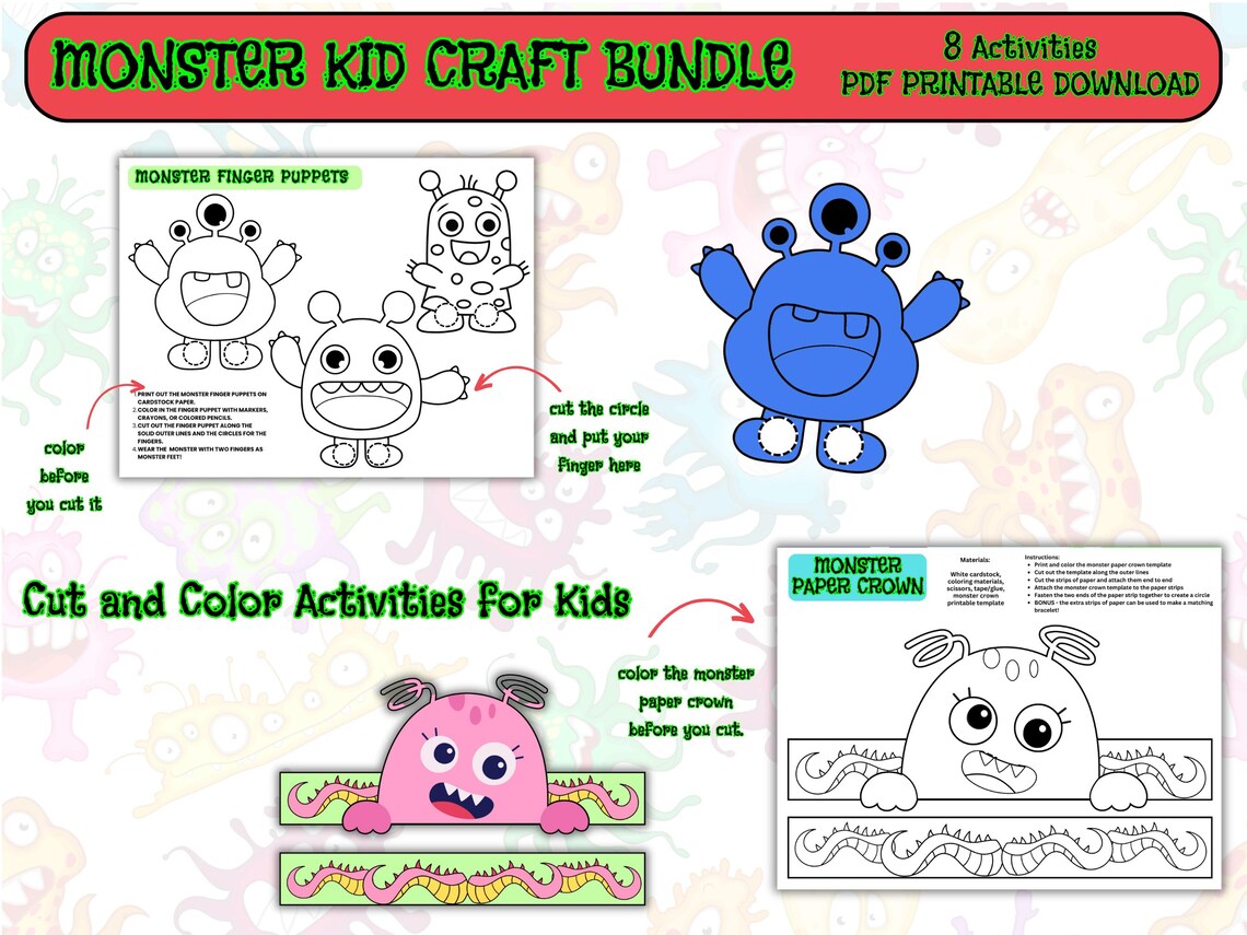 Monster Kid Craft Printable Bundle, Bonus Roll and Draw a Monster Game ...