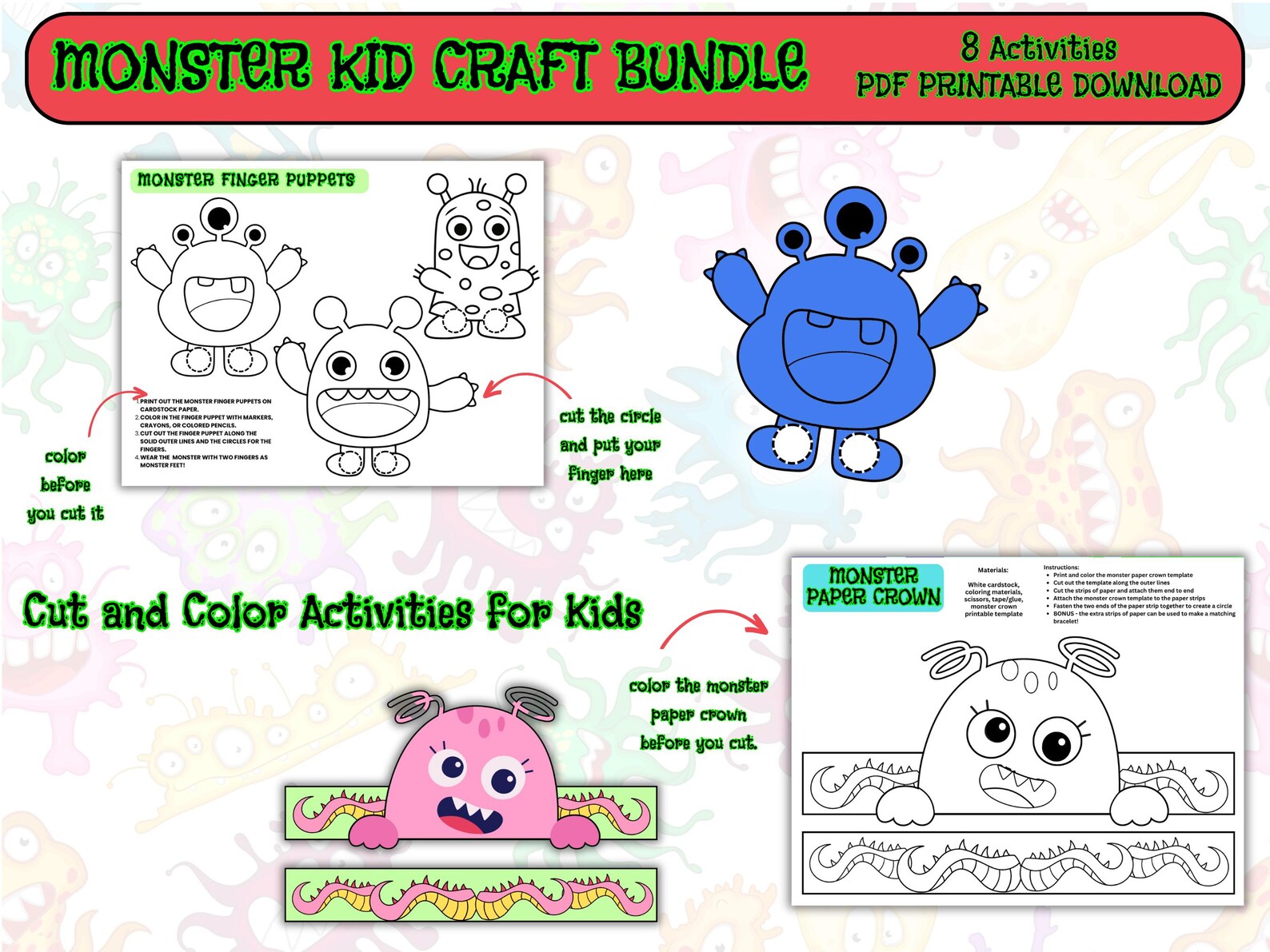 Monster Kid Craft Printable Bundle, Bonus Roll and Draw a Monster Game ...
