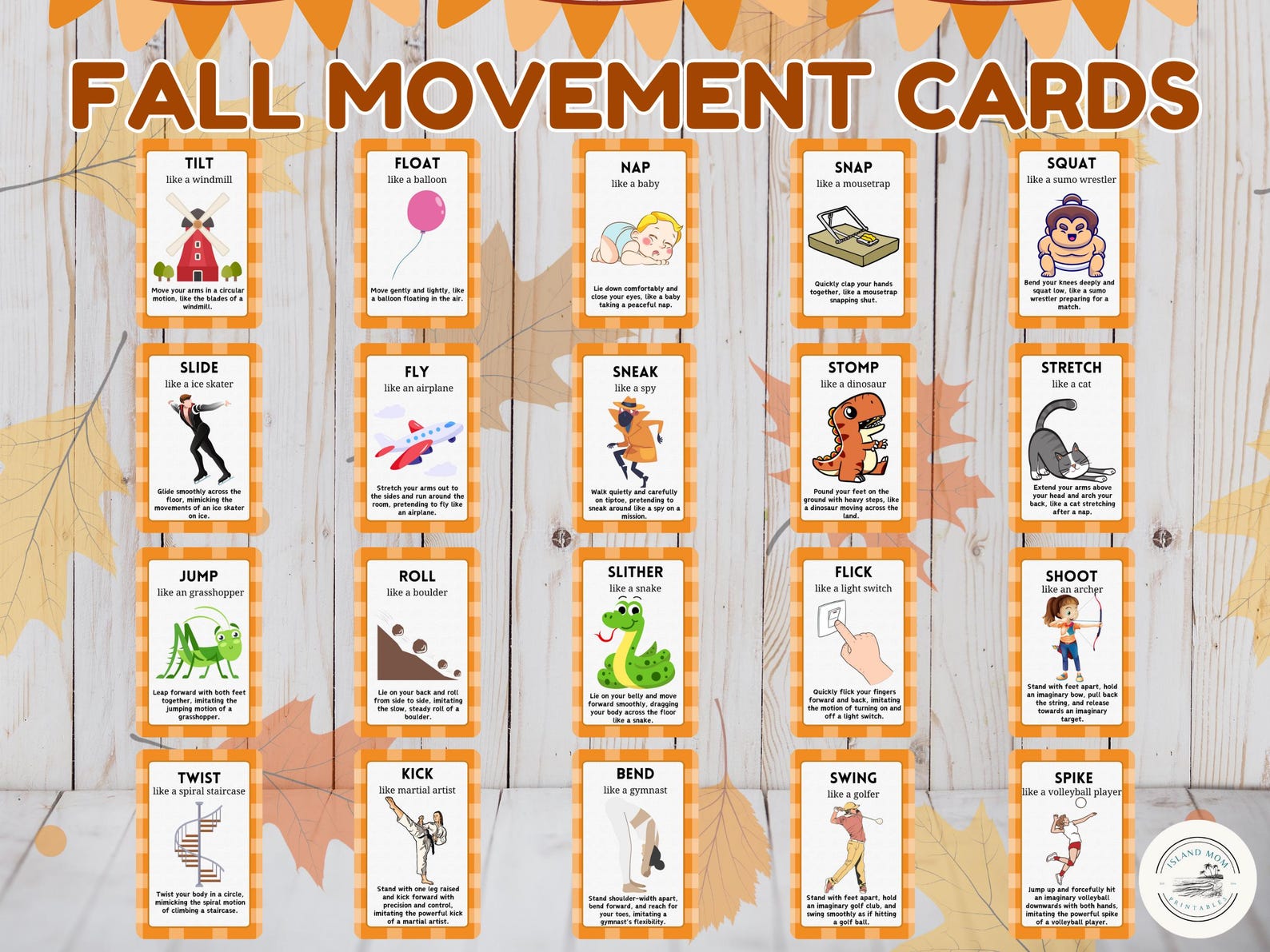Fall Movement Cards: 40 Fun Action Activities (printable) - Etsy