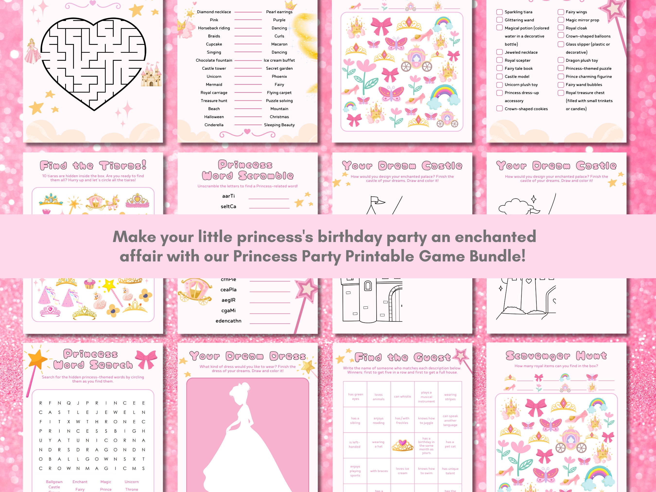 Princess Birthday Party Games, Party Favors, Pink, Printable, Instant ...
