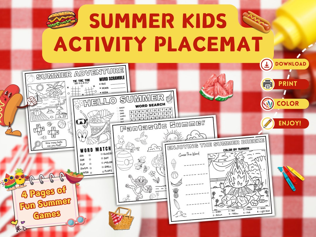 Summer Kids Activity Placemat, Coloring Page, Word Search, Word Scramle ...