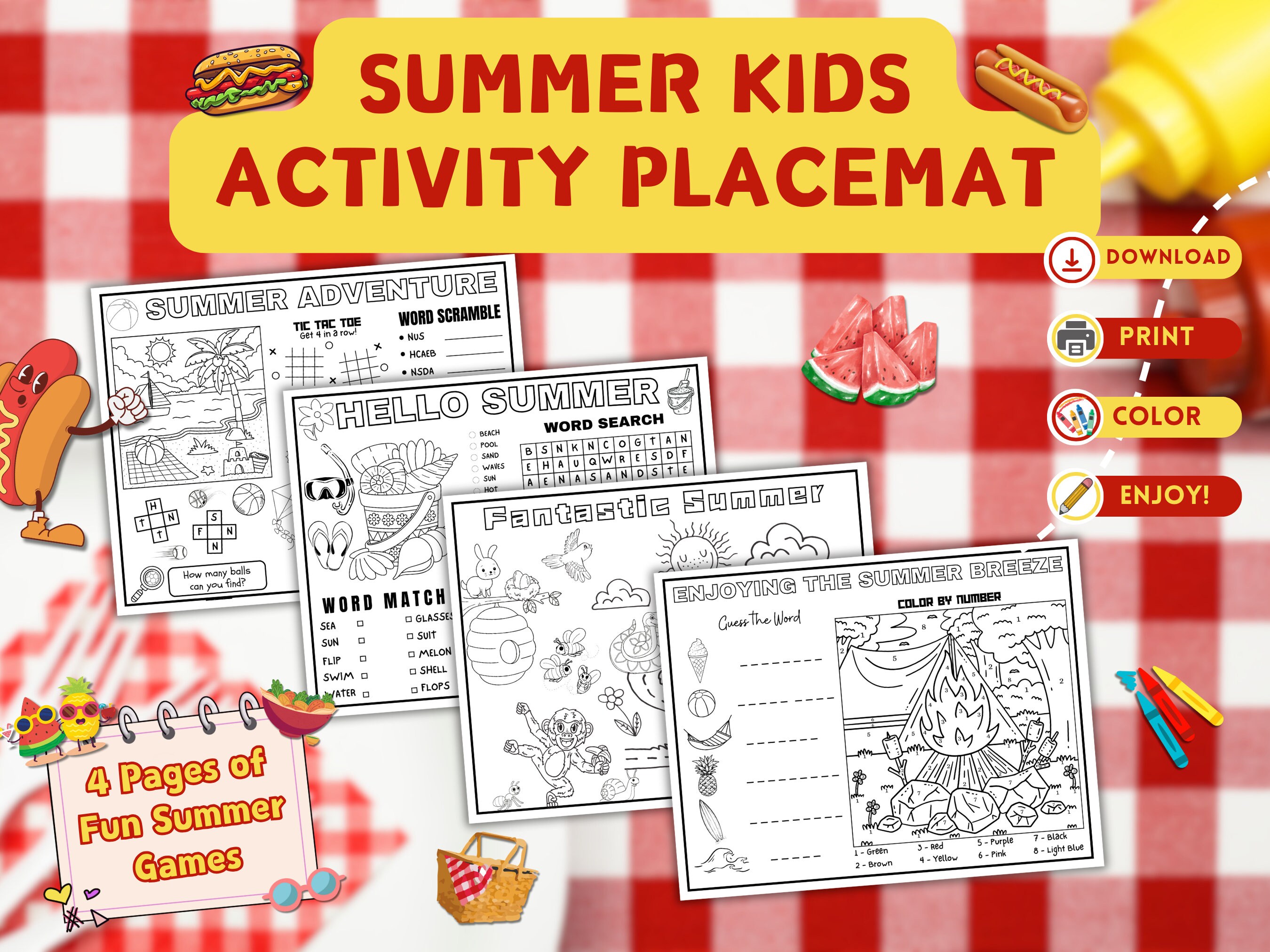 Summer Kids Activity Placemat, Coloring Page, Word Search, Word Scramle ...