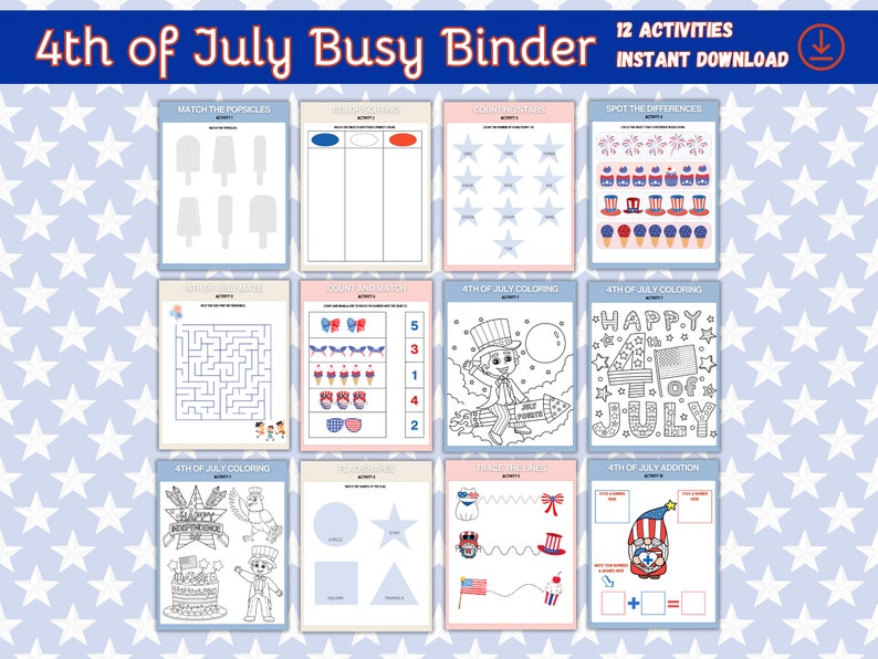 4th of July Preschool Busy Binder Learning Activity INSTANT DOWNLOAD ...