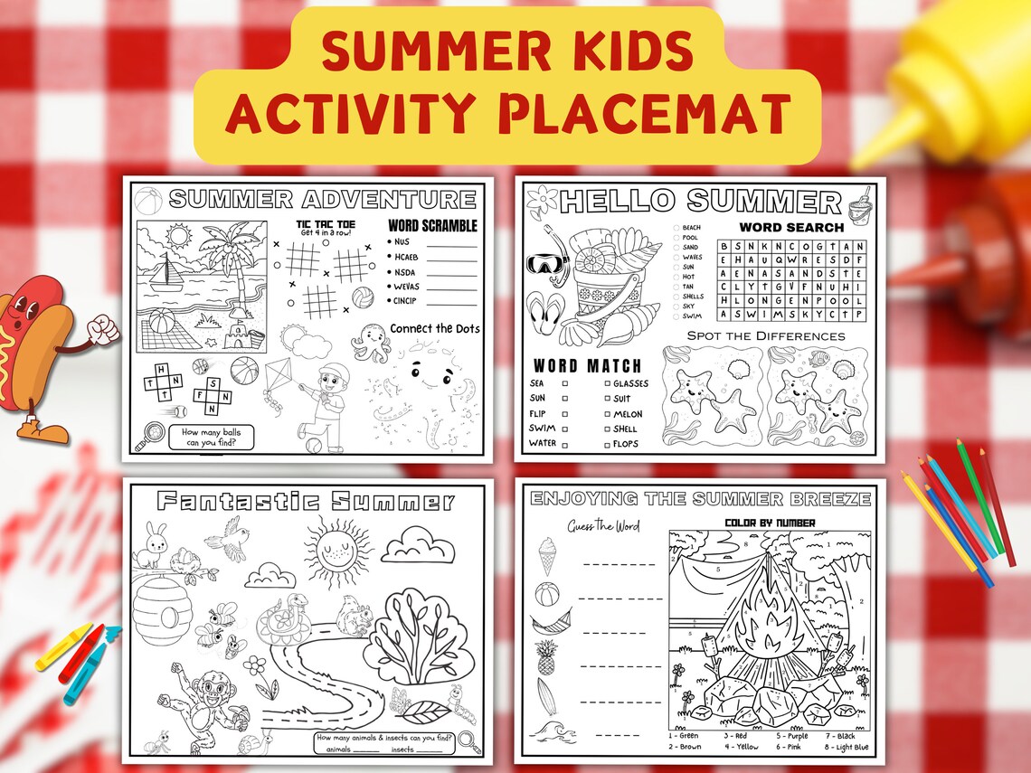 Summer Kids Activity Placemat, Coloring Page, Word Search, Word Scramle ...