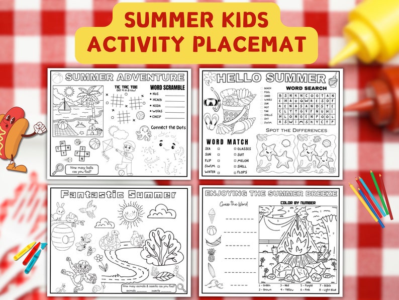 Summer Kids Activity Placemat: Coloring Page, Word Games (printable PDF ...