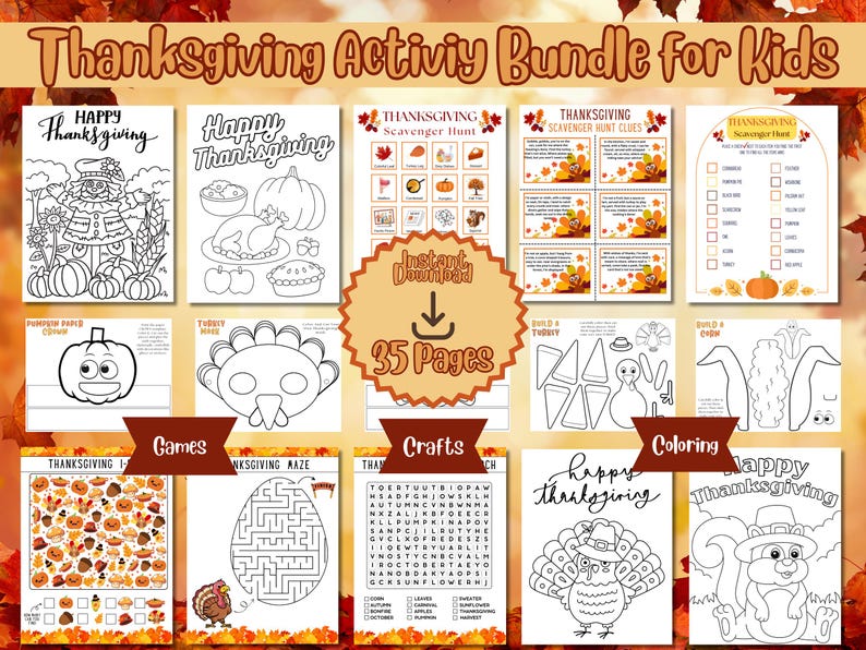 Printable Thanksgiving Activity Bundle for Kids, Coloring Pages, Word ...