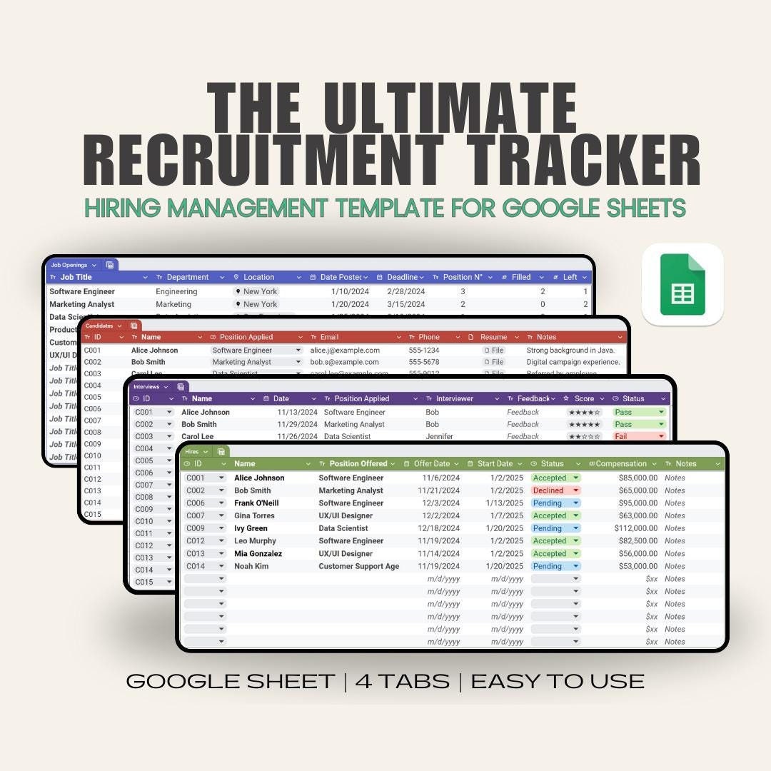 Recruitment Tracker Template Spreadsheet for Google Sheet | Human ...
