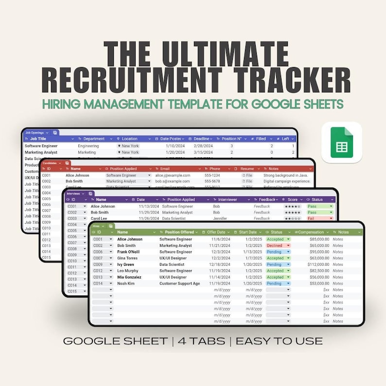 Recruitment Tracker Template Spreadsheet for Google Sheet | Human ...