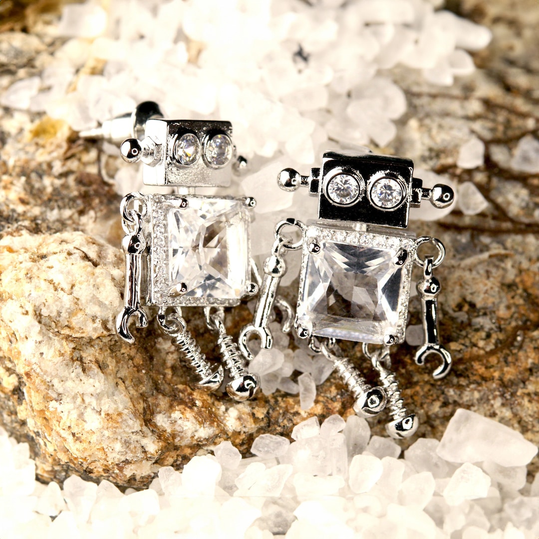 Silver Robot Pierced Earrings || Transparent Zircon Dangling Limbs ...