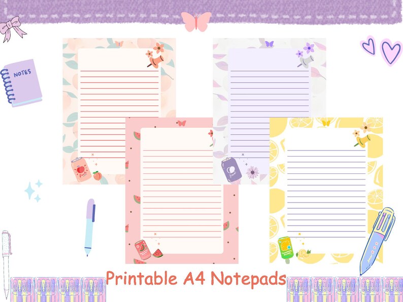 Notepad Printable, Peach, Watermelon, Lavender, Lemon, A4 Notepad ...