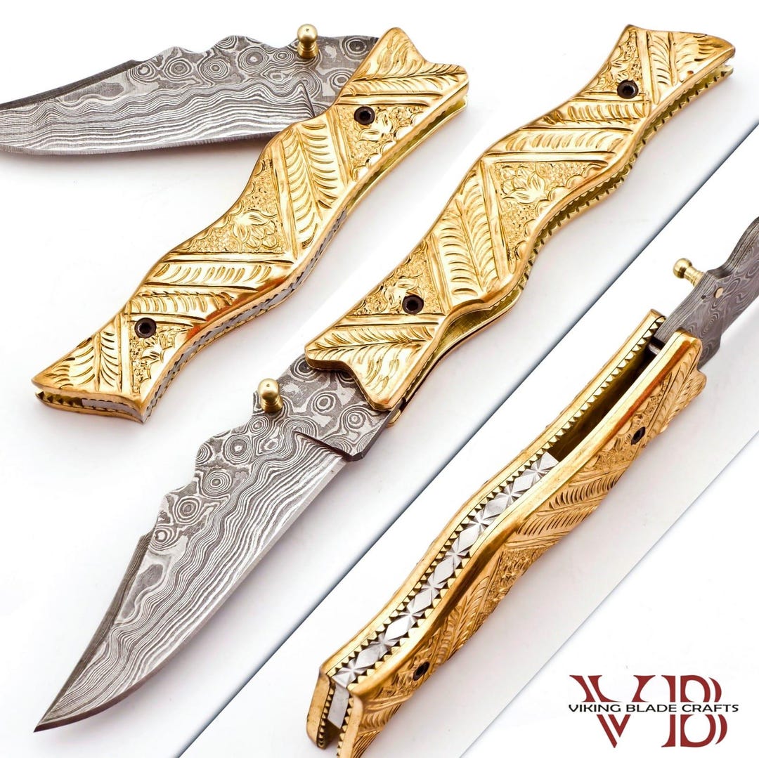 Handmade Damascus Folding Pocket Knife, Copper Handel, Custom Pocket ...