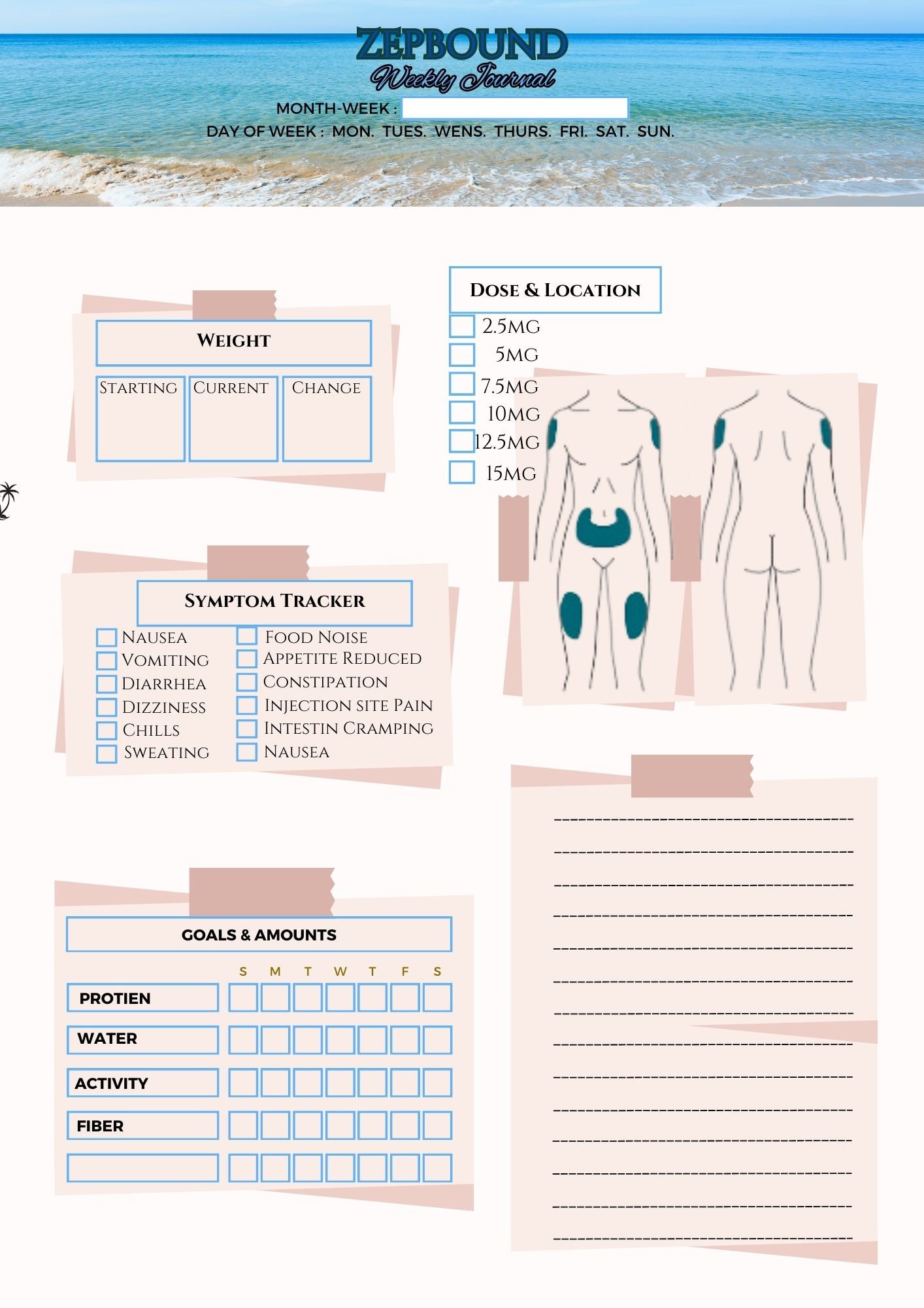 GLP-1 Mounjaro/zepbound Ozempic/wegovy Weekly Journal Tracker Download ...