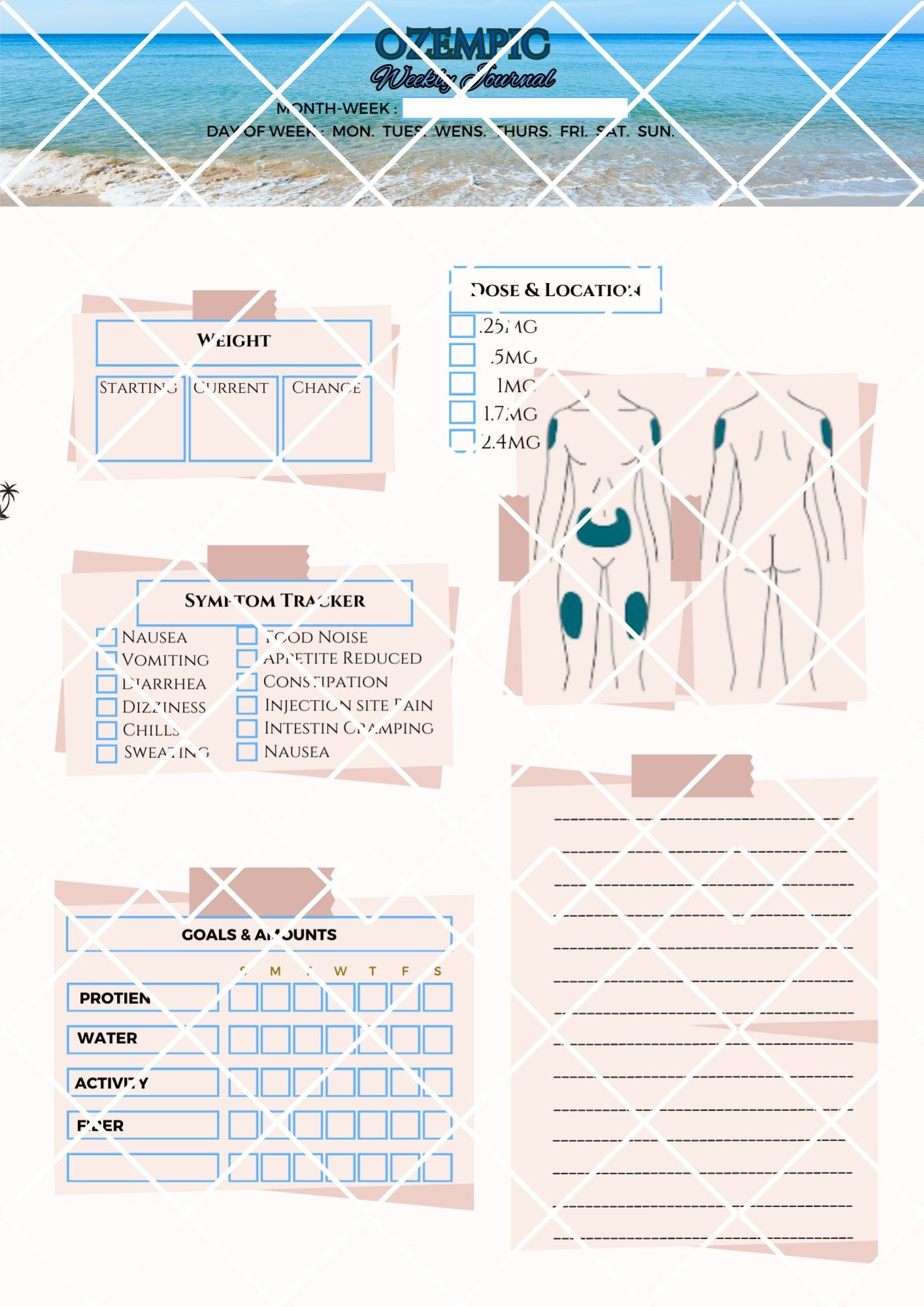 GLP-1 Mounjaro/zepbound Ozempic/wegovy Weekly Journal - Tracker ...