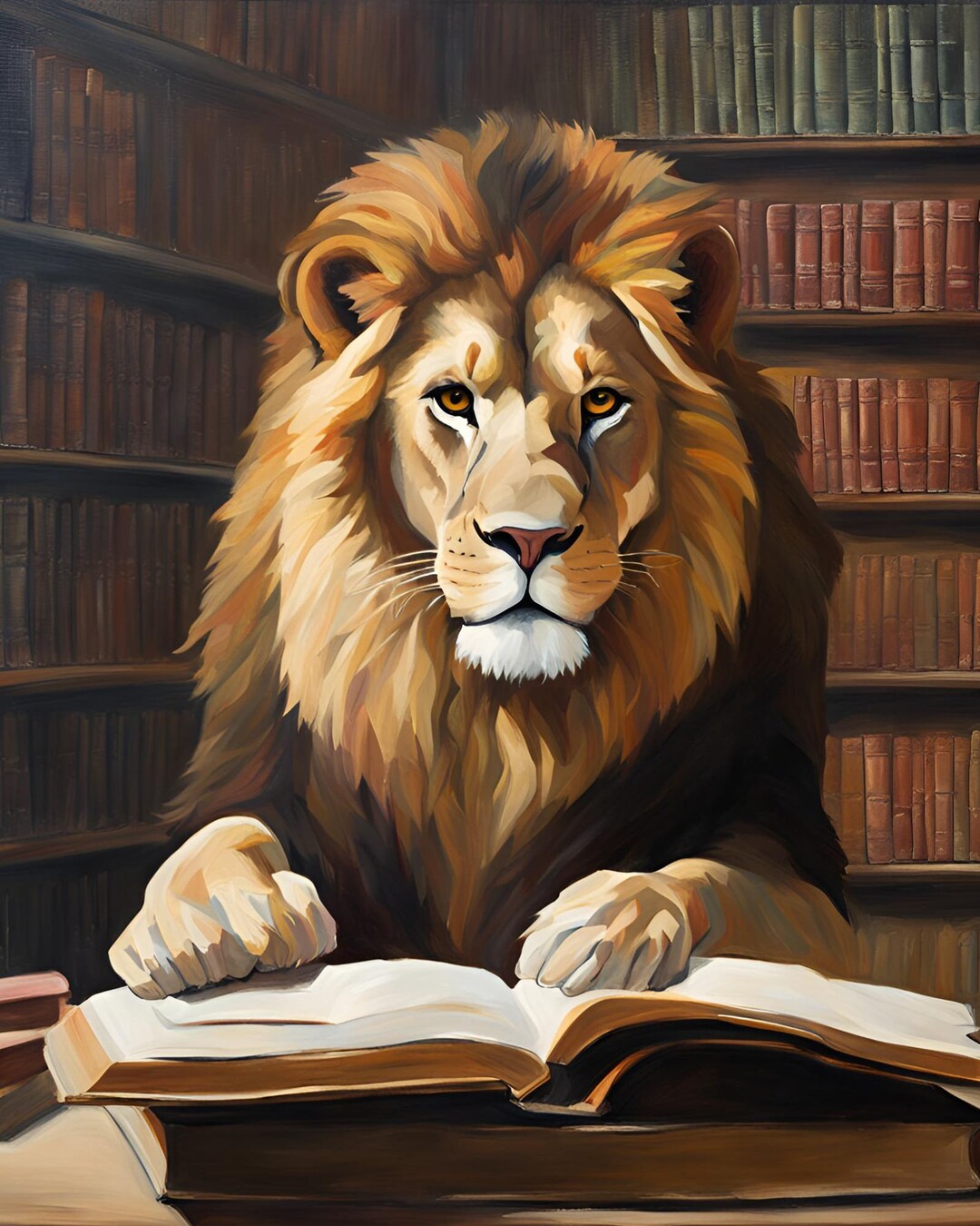Roaring Knowledge, Lion Reading in Library, Digital Poster, Art ...