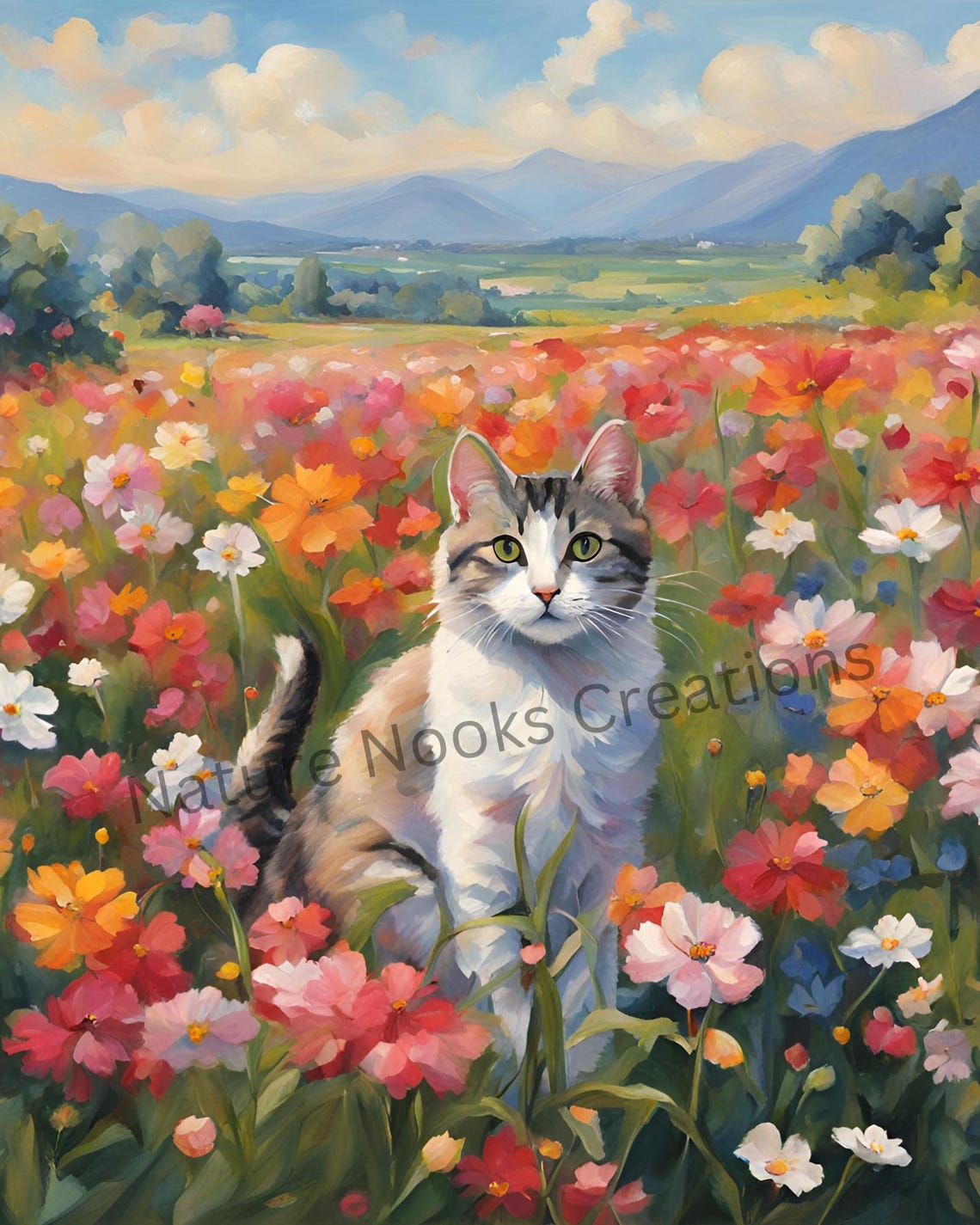 Cat in Flower Field, Floral Cat, Digital Art, Digital Print, Digital ...