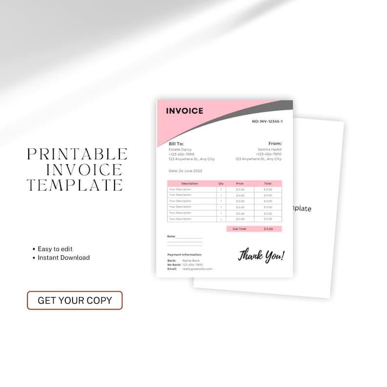 Simple Invoice Template, Editable Receipt Template, Customizable Bill ...